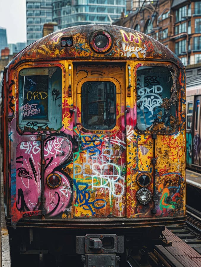 Old Graffiti-covered Train Standing on Tracks in an Urban Setting ...