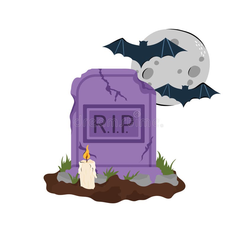Old Grave, RIP Memorial, Moon and Bat. Vector Illustration in Flat and ...