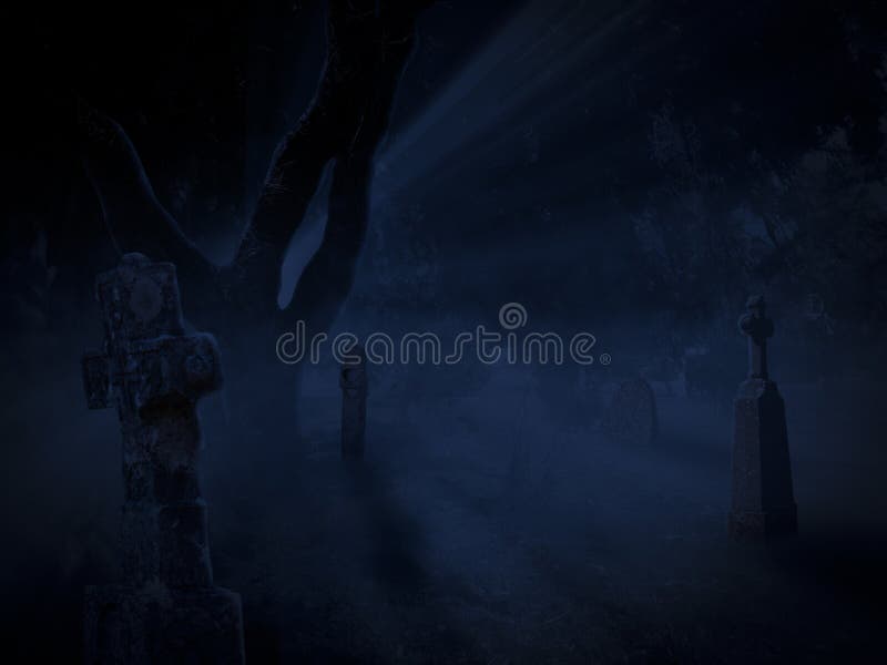 Graveyard Crosses and Monuments in Night Forest Under Light Rays Stock ...