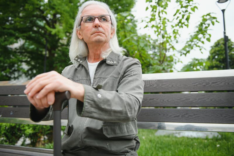 Old Gray-haired Man Rest on the Bench in Summer Park Stock Photo ...
