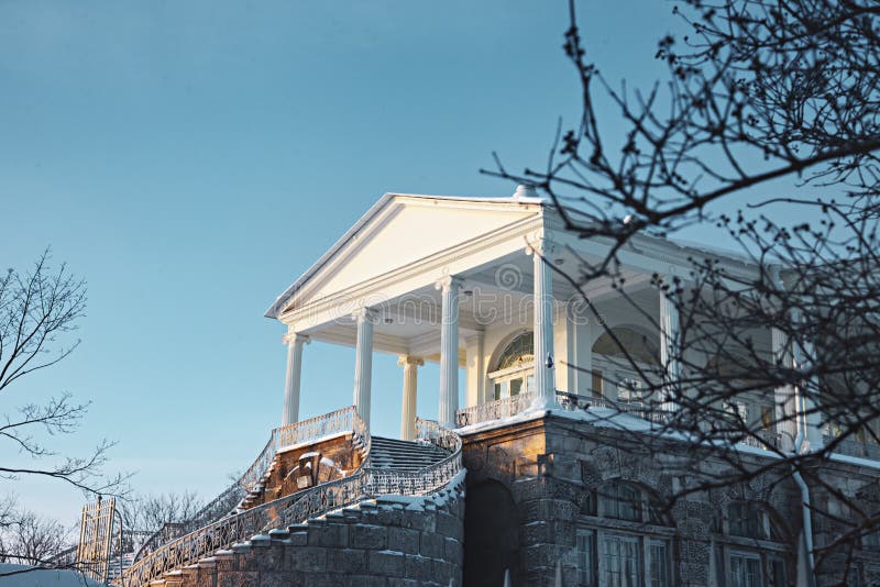 White Building with Classical Columns and Blue Sky Stock Photo - Image ...