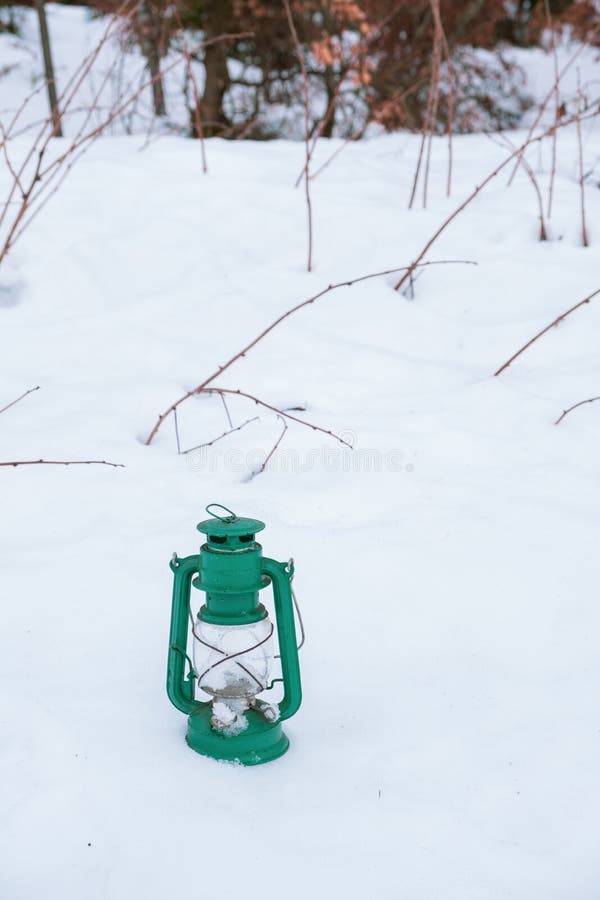 Old Green Gas Lamp Standing in the Snow Stock Photo - Image of lamp ...