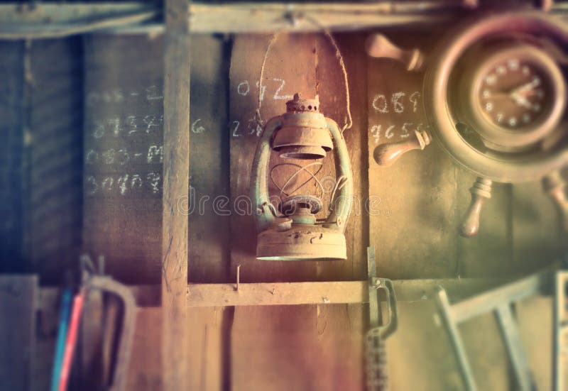 Old Green Lantern on a Wooden Wall Inside the Old Factory Old Wooden ...