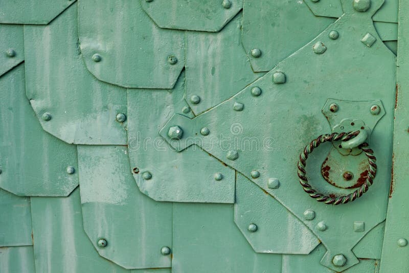Old Green Metal Door with a Ring Handle, Texture Stock Image - Image of ...