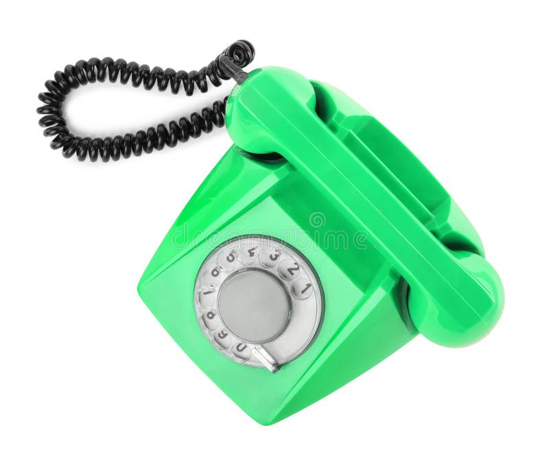 Old Green Telephone with Rotary Dial Isolated on White, Top View Stock ...