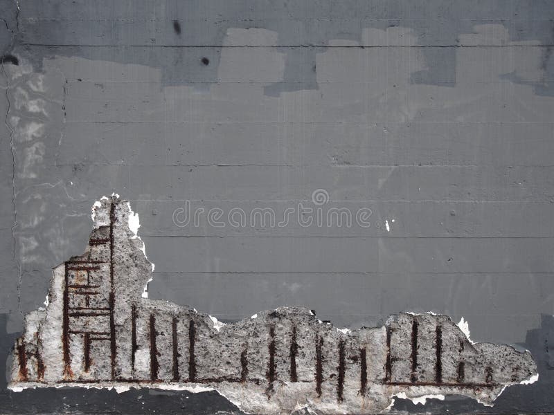 Old Grey Painted Concrete Wall with Corroding Rusty Steel Reinforcement ...