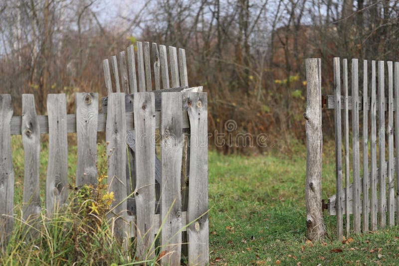 Old Grey Rustic Wooden Picket Fence with Open Gate Stock Photo - Image ...