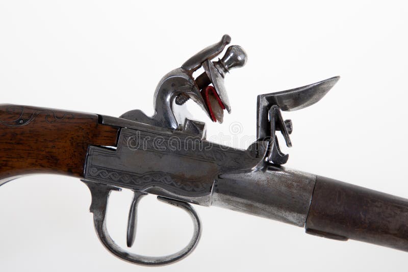 Old Gun Historical Detail Trigger Flint on White Background Stock Photo ...
