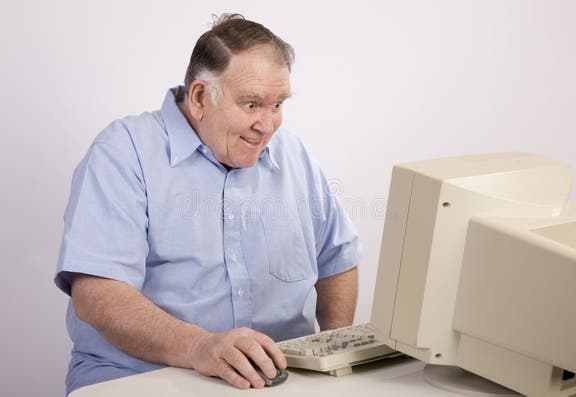 Old Guy at Computer Grinning Stock Image - Image of grandfather, mature ...