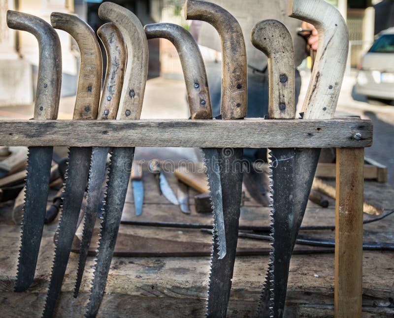 Old Hacksaws Handmade Using the Worn Blades of Scythes. Stock Photo ...