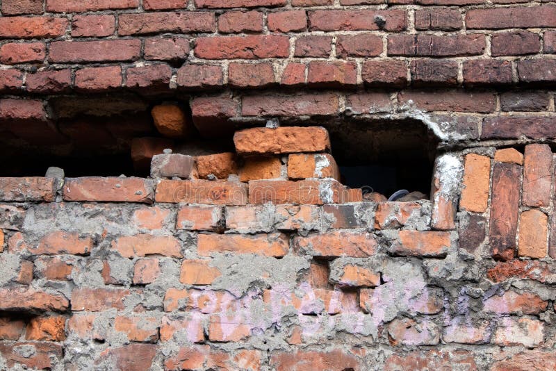 Old Half Destroyed Stone Wall of Red Bricks Stock Photo - Image of ...