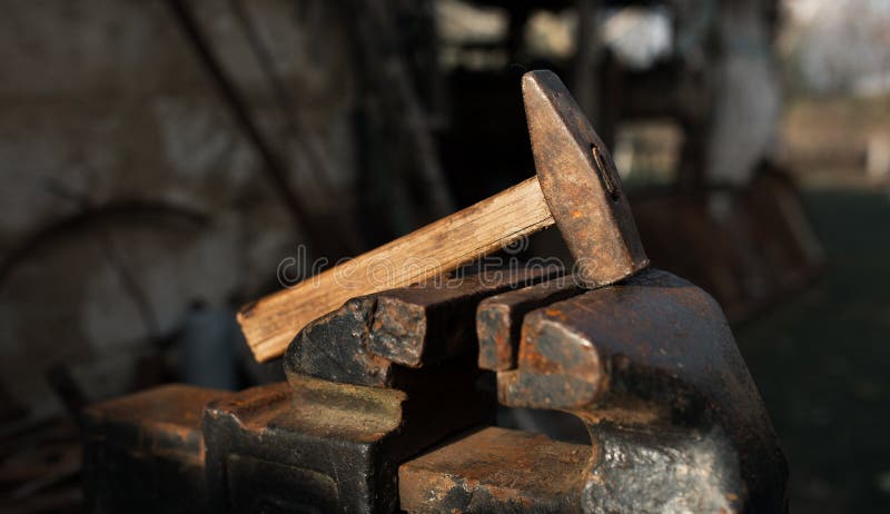 Old Hammer on Old Metal Vise Stock Photo - Image of isolated, lever ...
