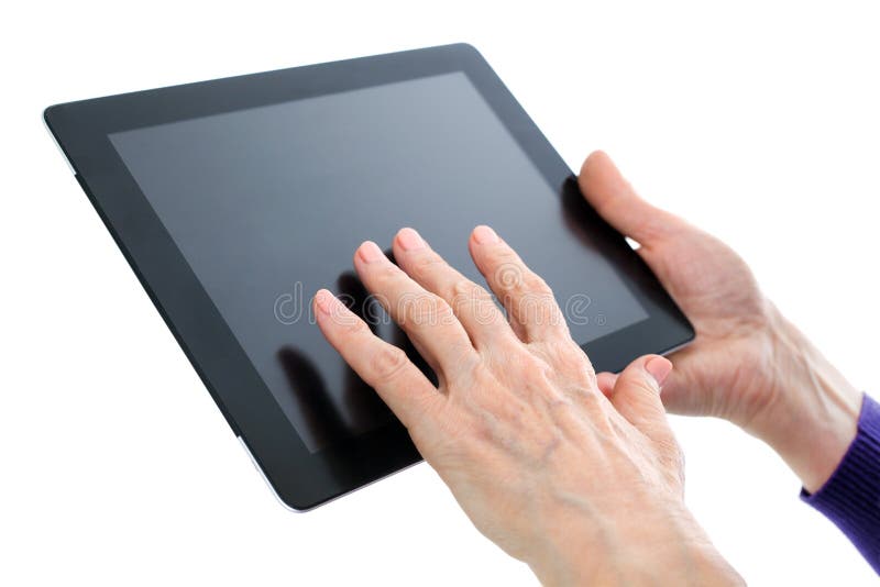 Old hand on digital tablet stock image. Image of business - 37478223