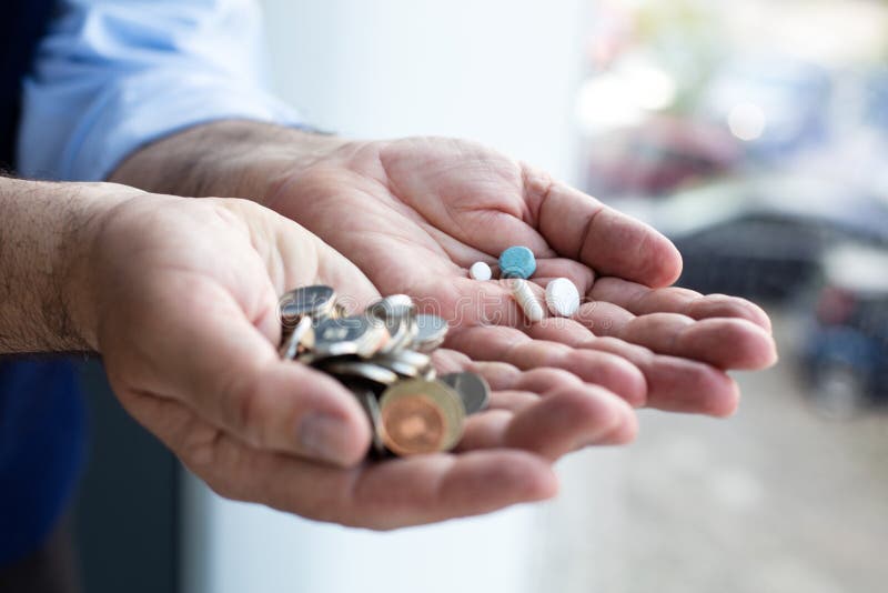 Old Hand Holding Pills and Coins Stock Image - Image of concept, home ...