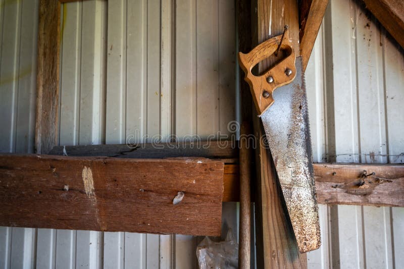 Old Hand Saw Rusty Hanging by Nail in Old Shed Stock Photo - Image of ...