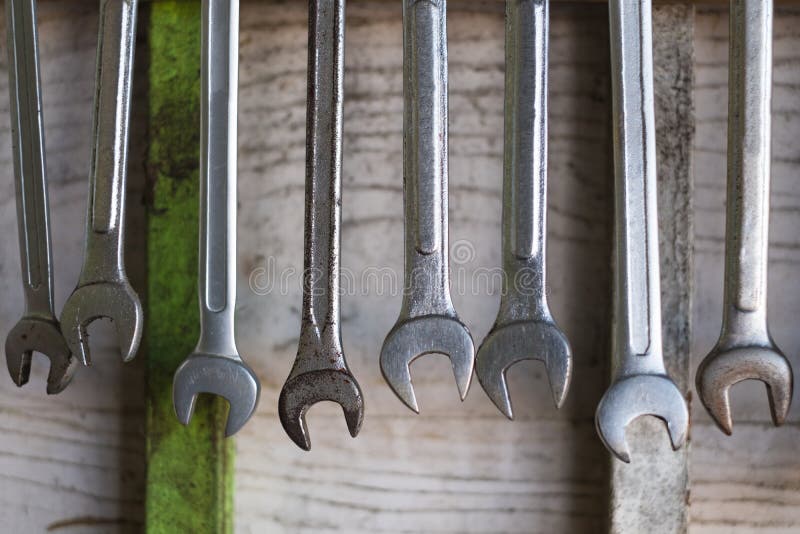 Old Hand Tools Hanging on Wall in Workshop or Auto Service Garage, Many ...