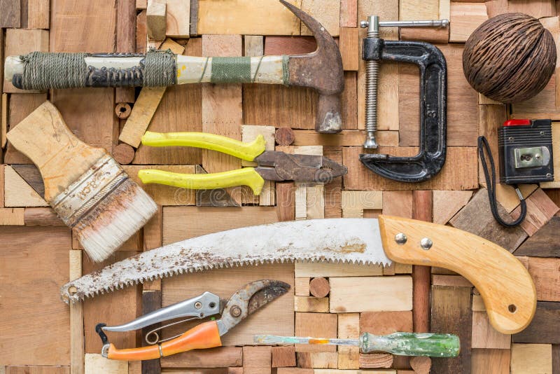 Old Hand Tools on Wood Texture. Stock Image - Image of textured, hammer ...