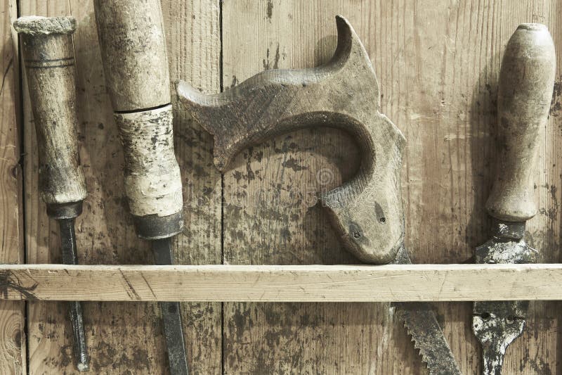 Old Handmade Carpenter Tools. Antique Workshop. Vintage Traditional ...