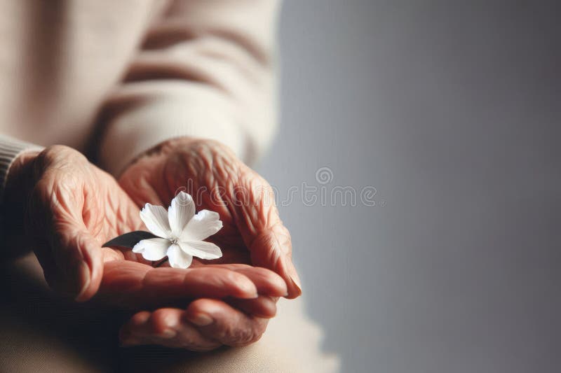 Old Hands with a White Flower in Their Palms. Space for Text. Stock ...