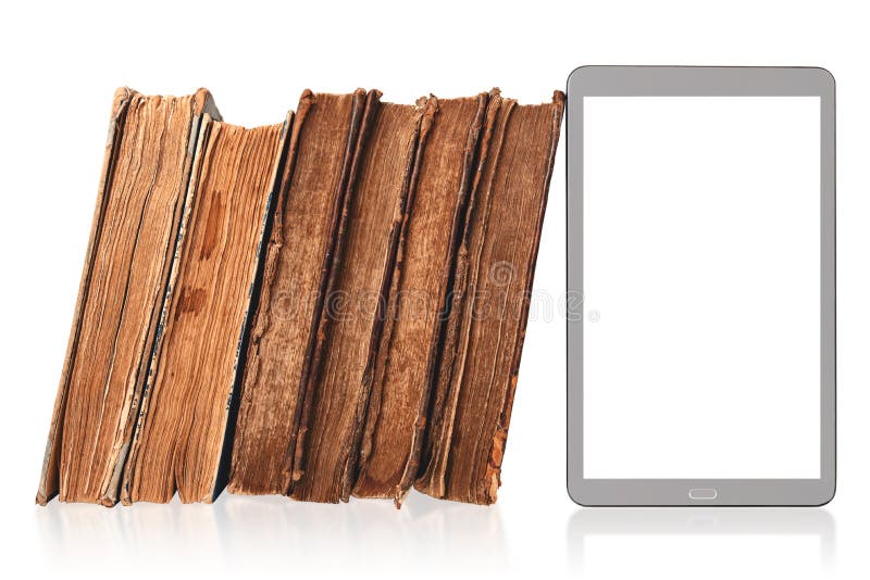 Old Hardcover Brown Books and Modern Digital Tablet with Blank White ...