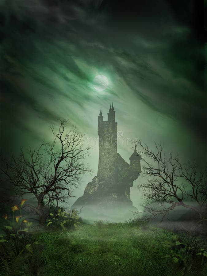 Haunted Tower in the Swamp stock illustration. Illustration of night ...
