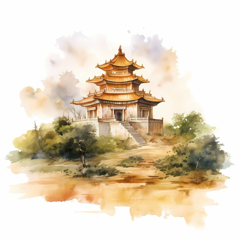 Old Heritage Temple Design Illustration with Water Color Design Stock ...