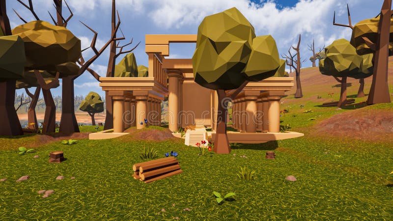An Old Historic Building in the Center of a Low Poly Scenery Representing a Natural Environment ...