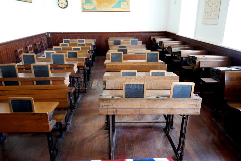 Old Historical Classroom with Wooden Desks and Chalkboards Stock Image ...