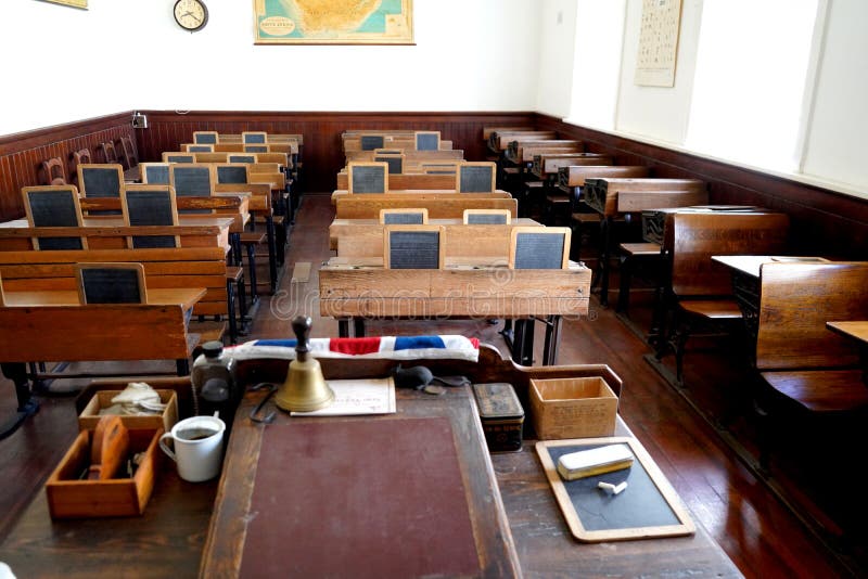 Old Historical Classroom with Wooden Desks and Chalkboards Stock Image ...