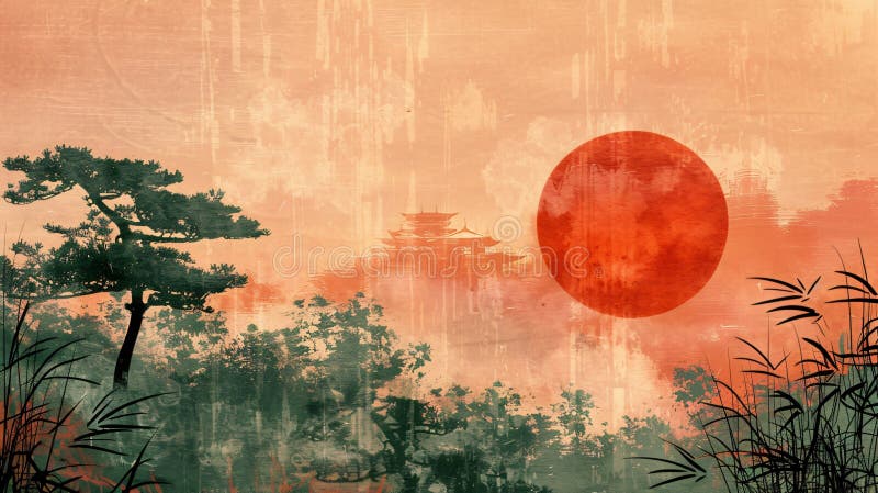 Old Historical Painting of the Red Moon of Japan Stock Image - Image of ...
