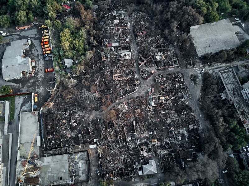 Old Home after Fire and Burned Everything in the Area. Top View and ...