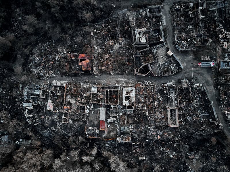 Old Home after Fire and Burned Everything in the Area. Top View and ...