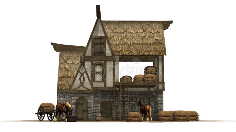 Old Horse Barn and Horses - Isolated on White Background Stock ...