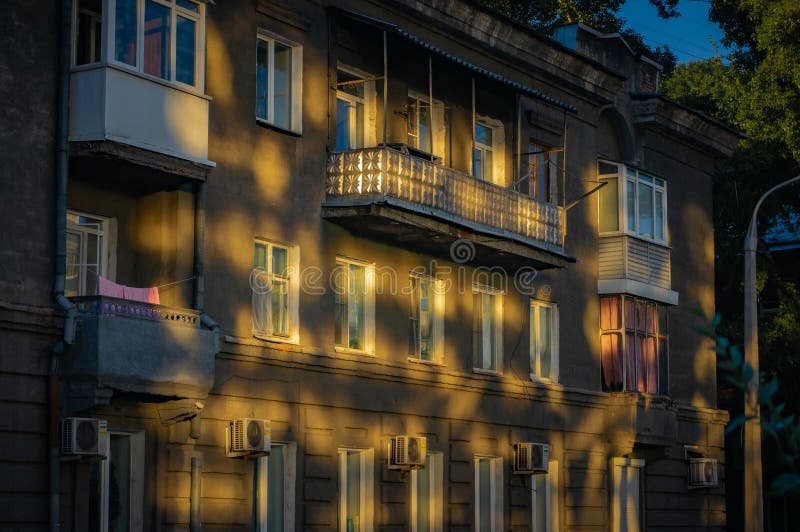 Old House with a Balcony in the Evening, Novokuzneck Stock Image ...