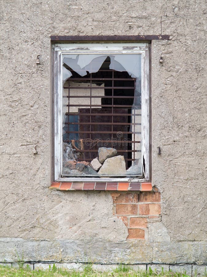 Old House Facade with Window and Broken Glass Stock Photo - Image of ...
