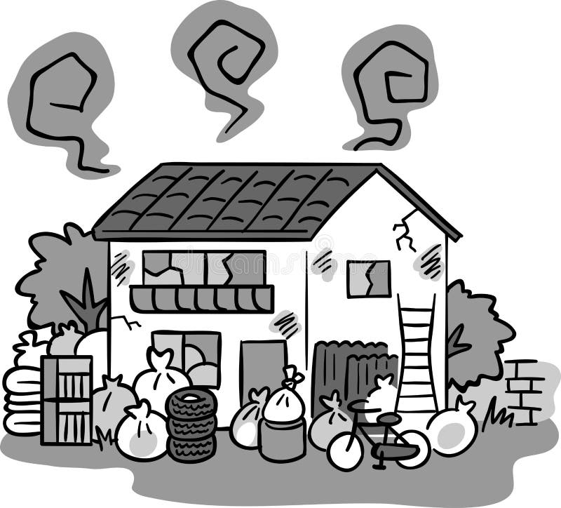 An Old House with a Lot of Garbage Drawn in Black and White Stock ...