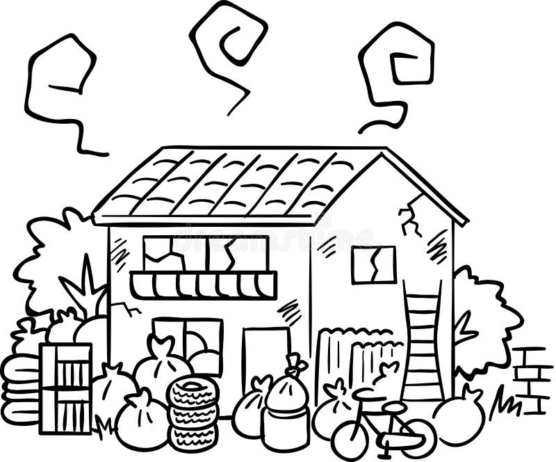 An Old House with a Lot of Garbage Drawn in Line Drawings Stock Vector ...