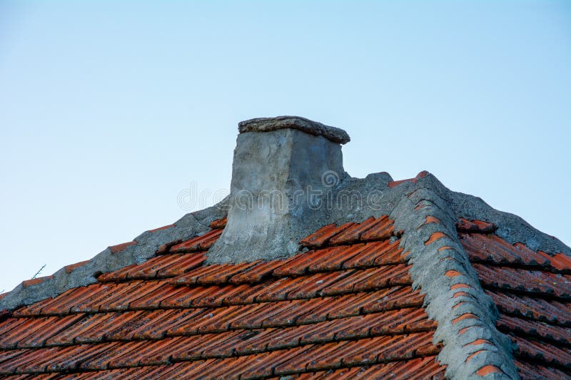 Old house roof and chimney stock photo. Image of wall - 346713472