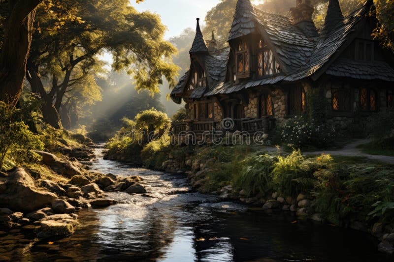 An Old House Standing in a Forest on the Bank of a Stream. Generative ...