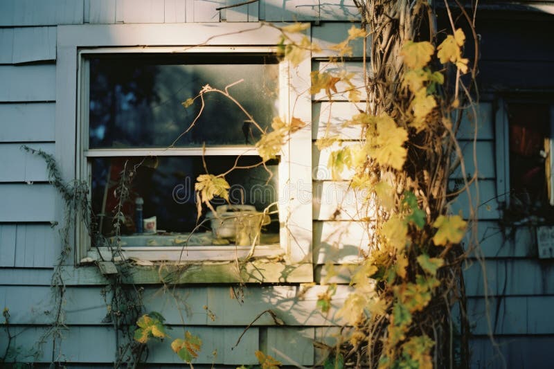 An Old House with Vines Growing Around it and a Window Stock ...