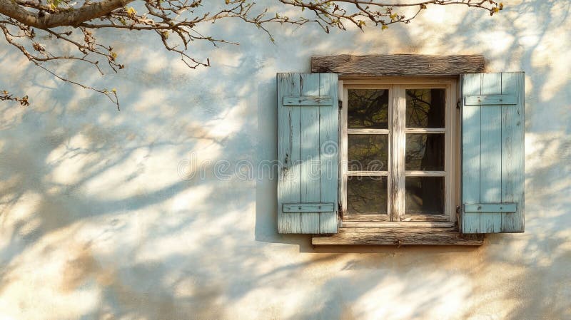 An Old House Wall and a Window with Shutters Colored Blue are Present ...