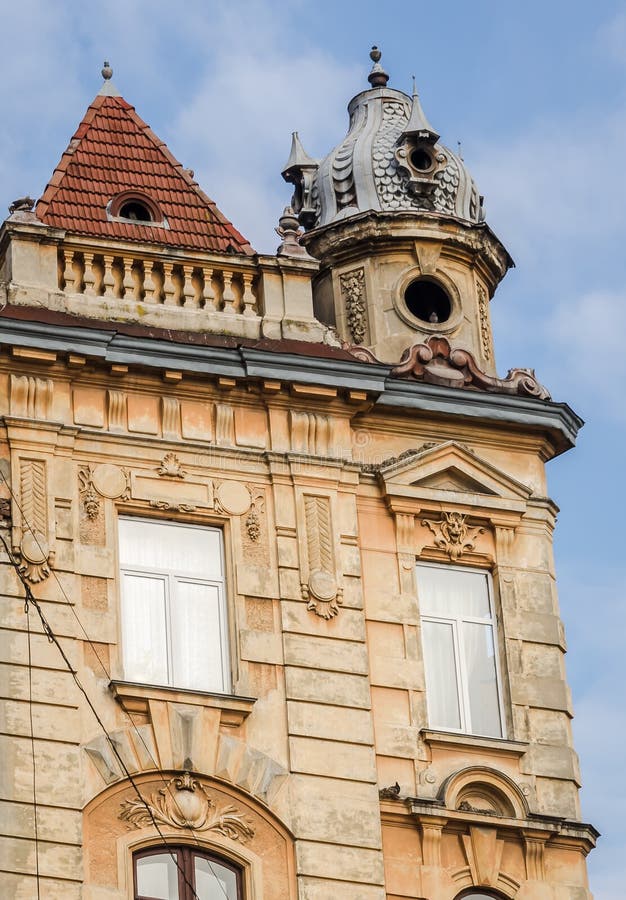 Old House with Windows and on the Roof of the Tower in Lviv Ukraine ...