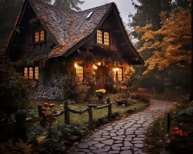 An Old House in the Woods with a Path Leading To it Stock Illustration ...