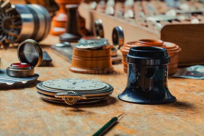 Old Hunter Pocket Watch and Tools on a Watchmakers Bench Stock Image ...