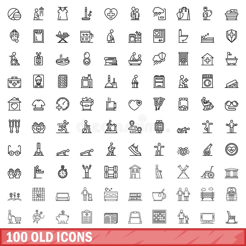 100 Old Icons Set, Outline Style Stock Vector - Illustration of care ...