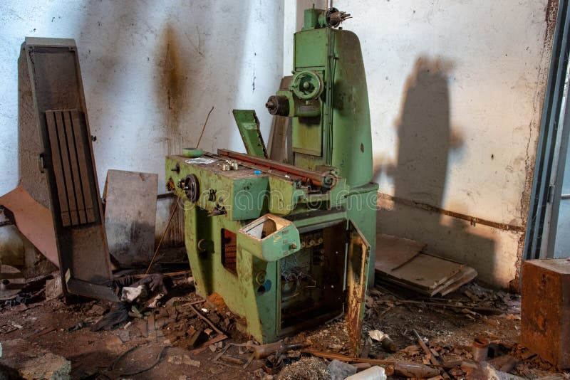 Old Industrial Machine Tools in Workshop. Rusty Metal Equipment in ...