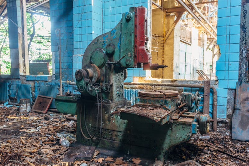 Old Industrial Machine Tools in Workshop. Rusty Metal Equipment in ...