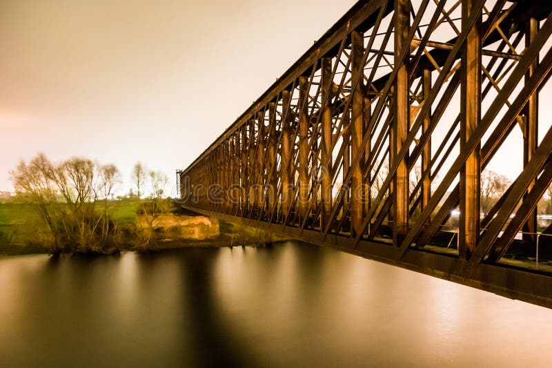 Old Industrial Railway Railroad Iron Bridge in the Night Stock Image ...