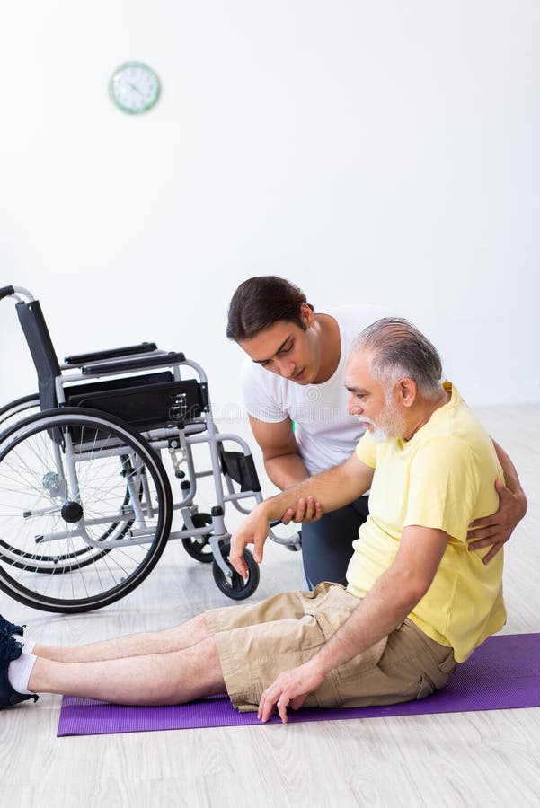 Old Injured Man Doing Exercises Indoors Stock Image - Image of floor ...