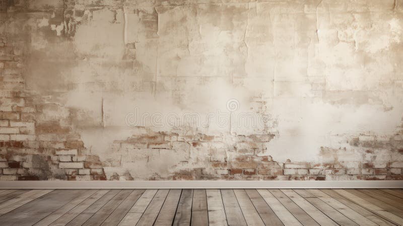 Old Interior Room with a Broken White Brick Wall and Grunge Wood Floor ...